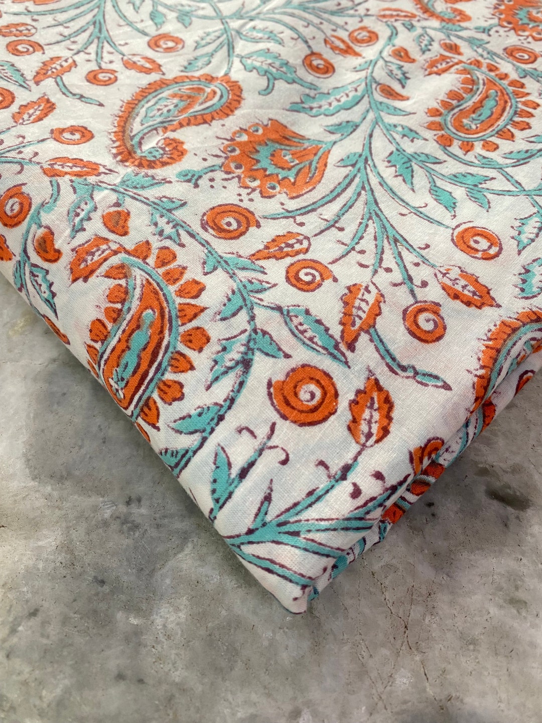 Paisley Block Print Organic Cotton Fabric: Orange Floral, by the Yard ...