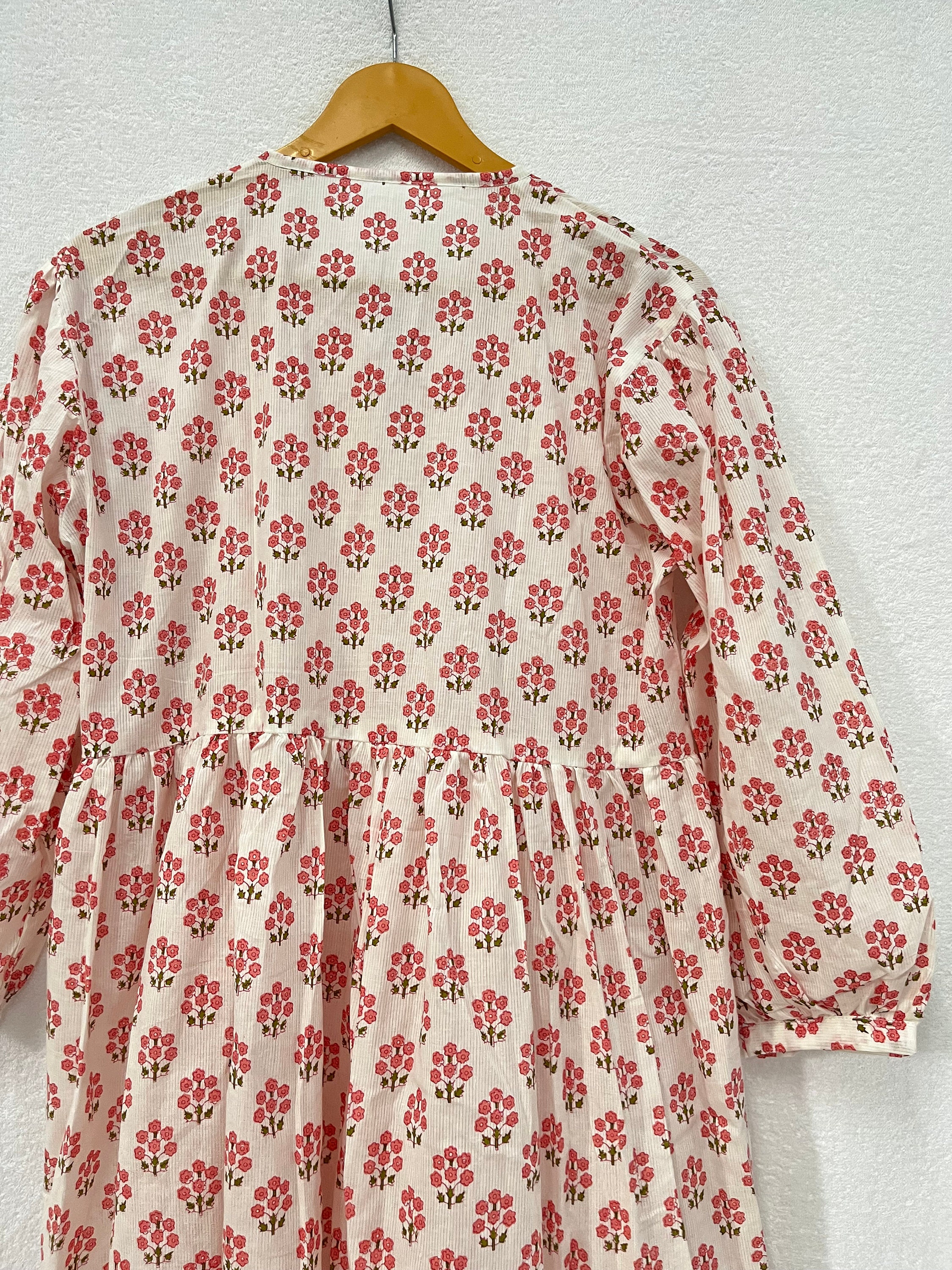 Pink Floral Block Print Cotton Dress: Long Sleeve Boho Gown - Etsy