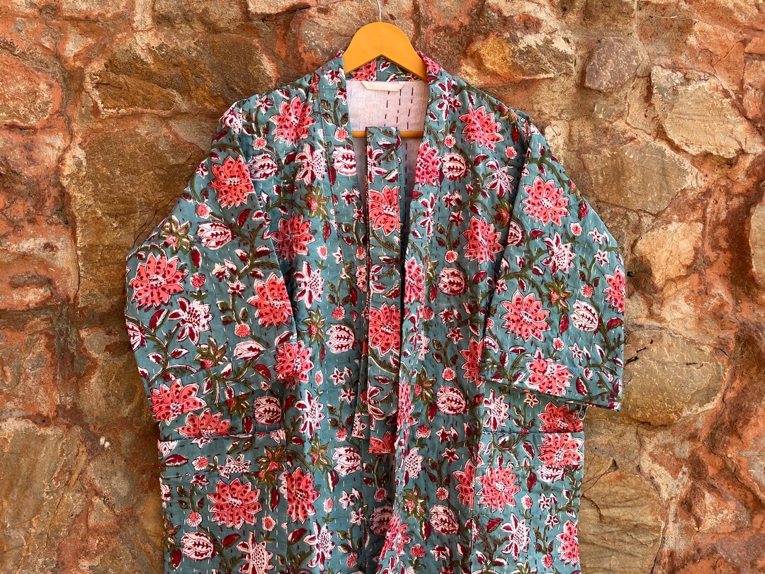 Easter Sale !! Floral Block Print Kantha Kimono, Beach Cover up Wear ...