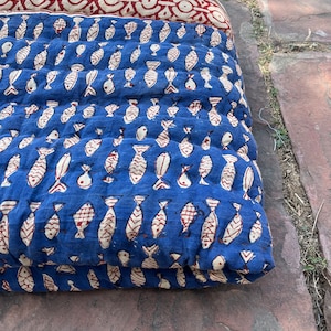 Blue Fish Print Baby Quilt: Indian Handmade Cotton Throw Blanket - Etsy