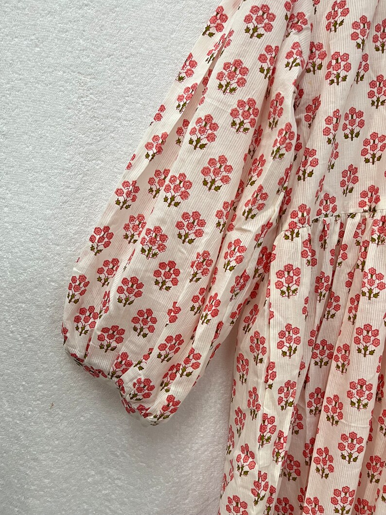 Pink Floral Block Print Cotton Dress: Long Sleeve Boho Gown - Etsy