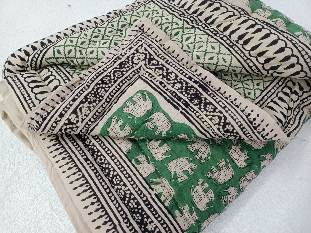 Elephant Block Print Winter Handmade Baby Quilt, New Born Baby Gifts ...