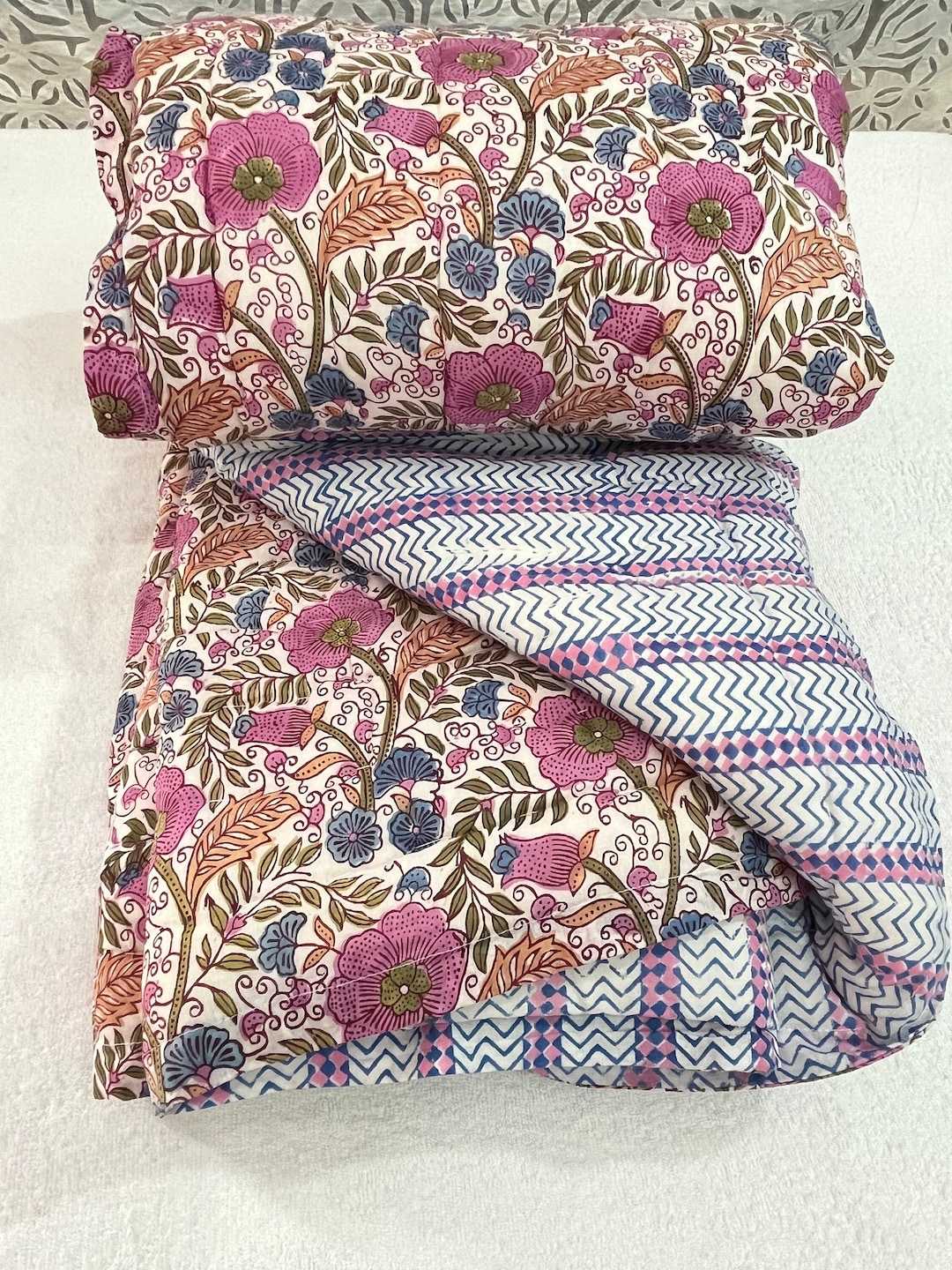 Handmade Reversible Floral Quilted Razai Blanket: Indian Block Print ...