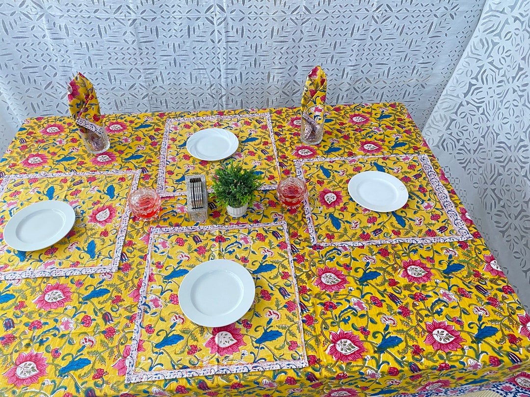 Indian Floral Block Print Tablecloth Cotton Table Cover Linens With ...