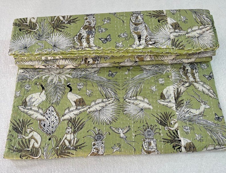 Monkey Block Print Kantha Quilt: Handmade Indian Queen Bedspread - Etsy