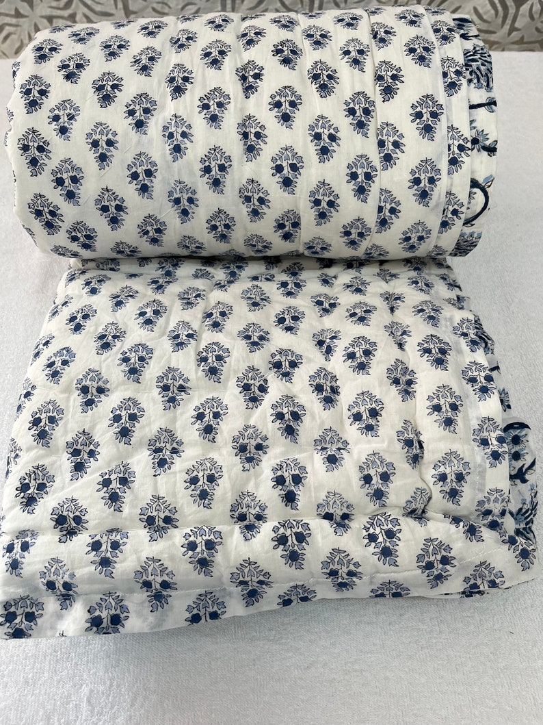 Blue Floral Hand Block Printed Quilt: Organic Cotton King Size ...