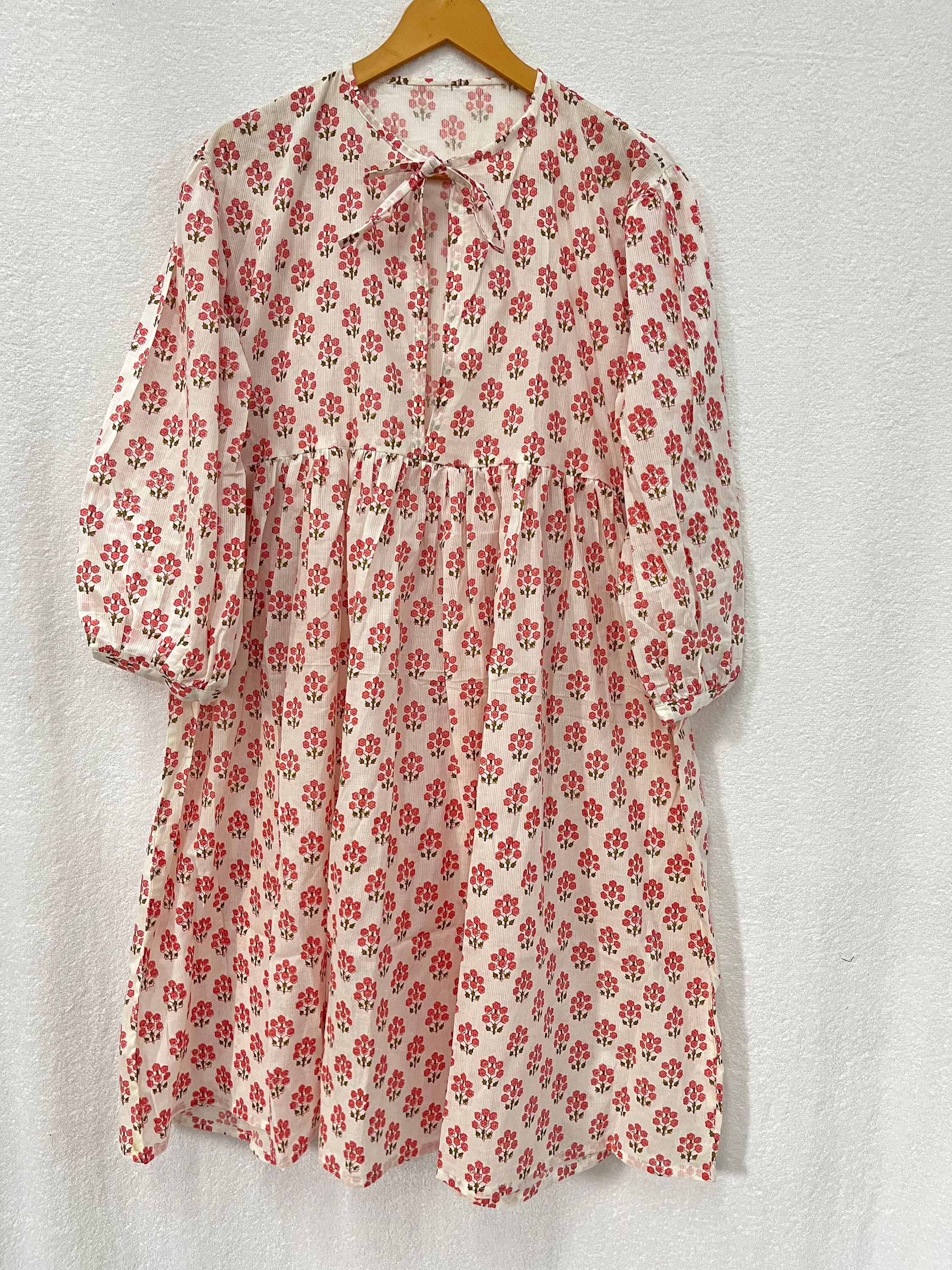 Pink Floral Block Print Cotton Dress: Long Sleeve Boho Gown - Etsy
