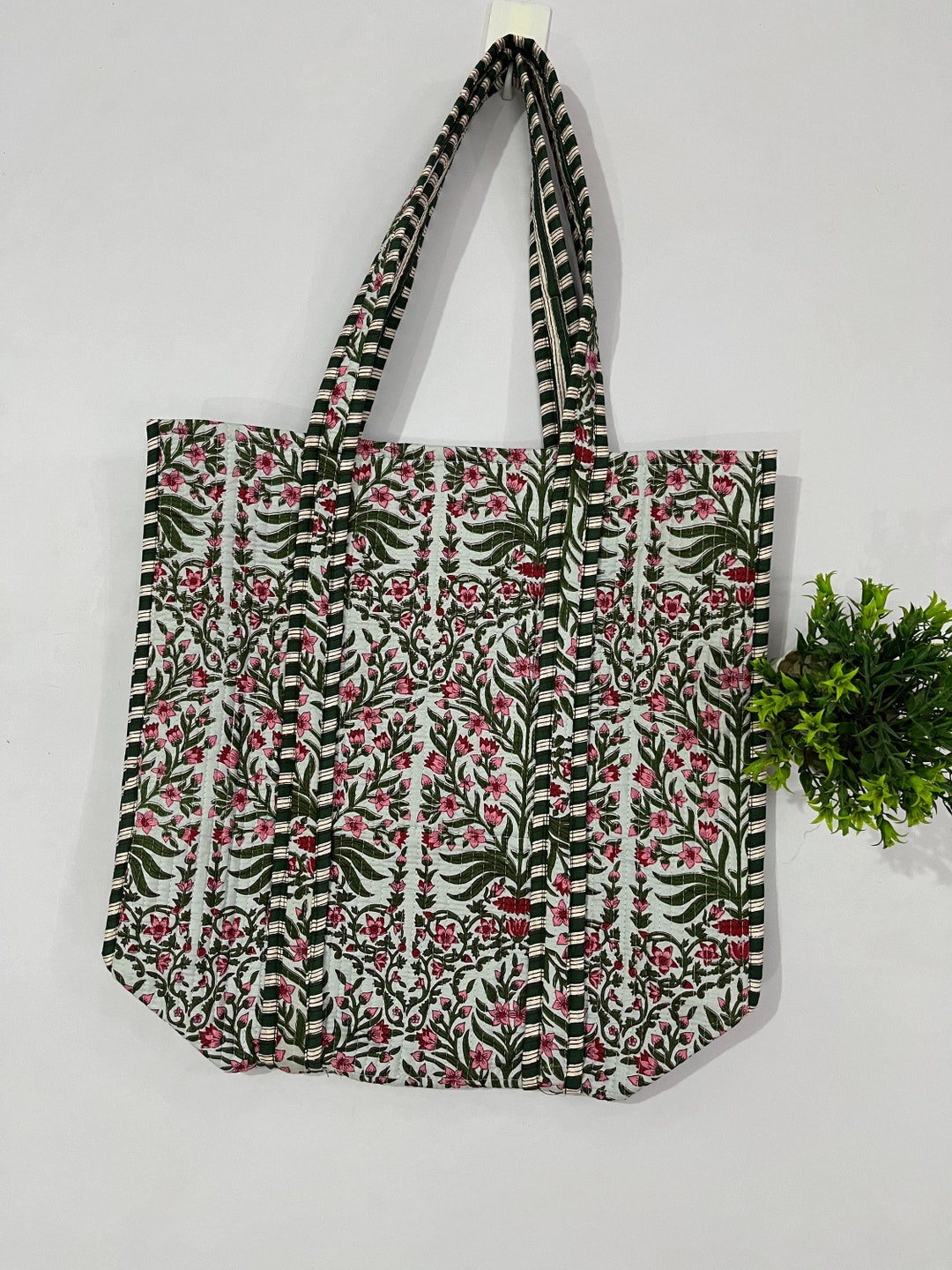 Grocery Shopping Bag, Floral Block Print Bags Canvas Cotton Shoulder ...