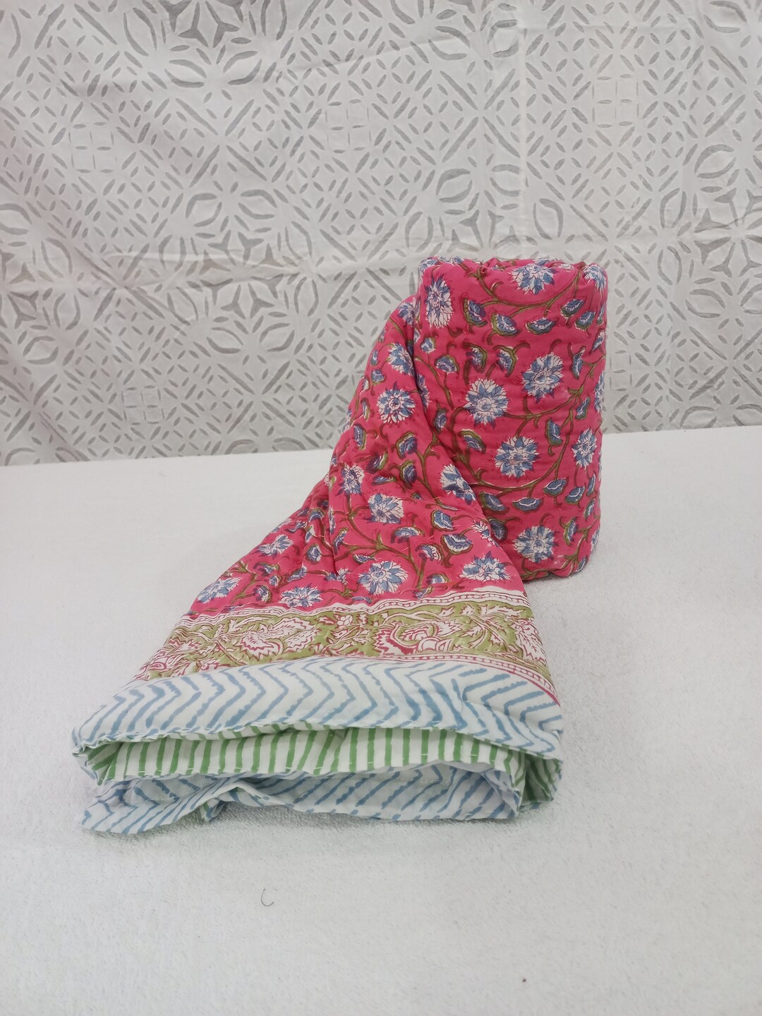 Hand Block Printed Baby Quilt: Pink Floral Cotton Nursery Blanket - Etsy