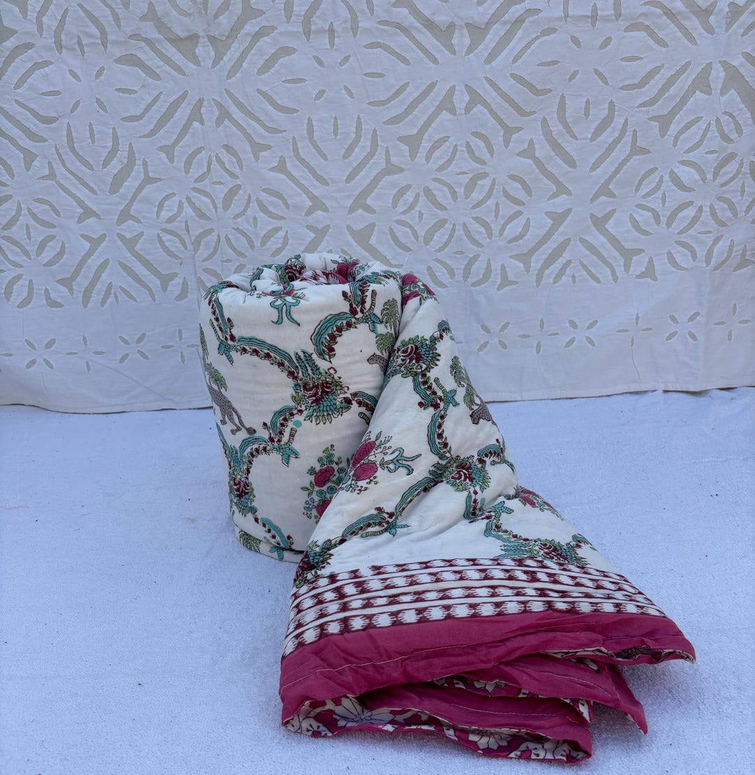 Jaipuri Famous Quilt!! Indian Animal Block Print Razai Blanket, Queen ...