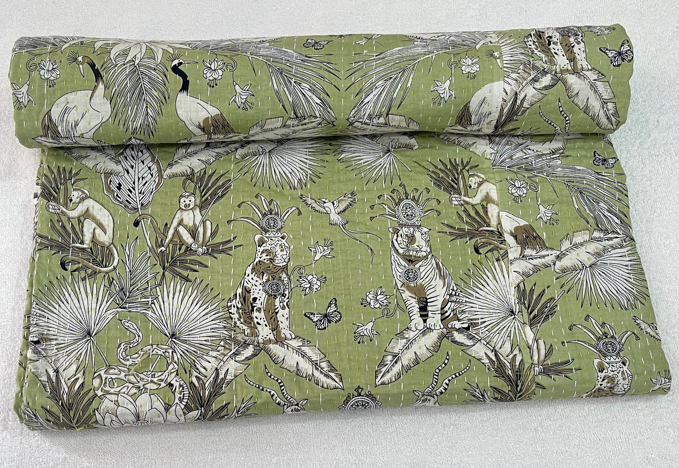 Monkey Block Print Kantha Quilt: Handmade Indian Queen Bedspread - Etsy