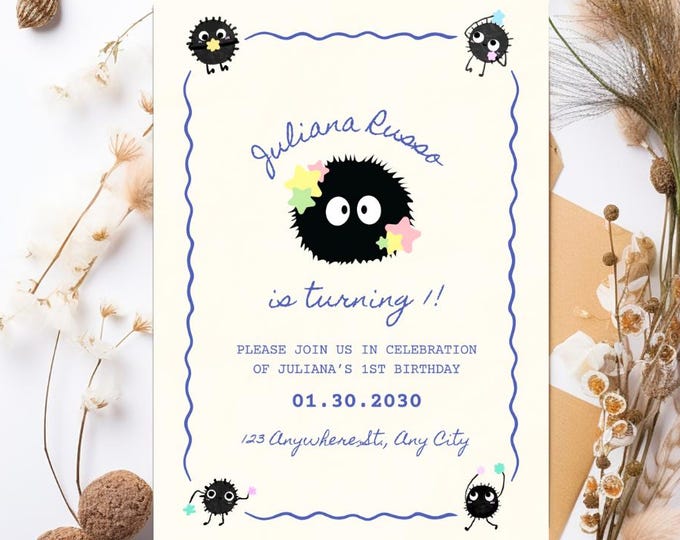 Studio Ghibli Birthday Card, Soot Sprites, Digital Invitation, Birthday ...