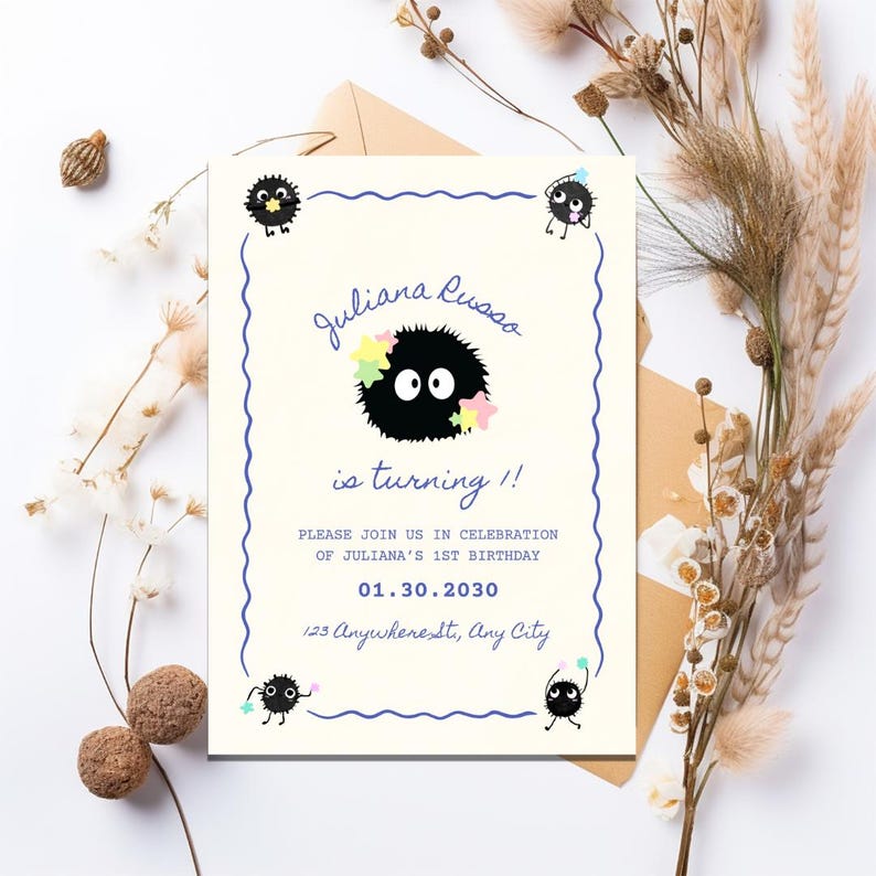 Studio Ghibli Birthday Card, Soot Sprites, Digital Invitation, Birthday ...