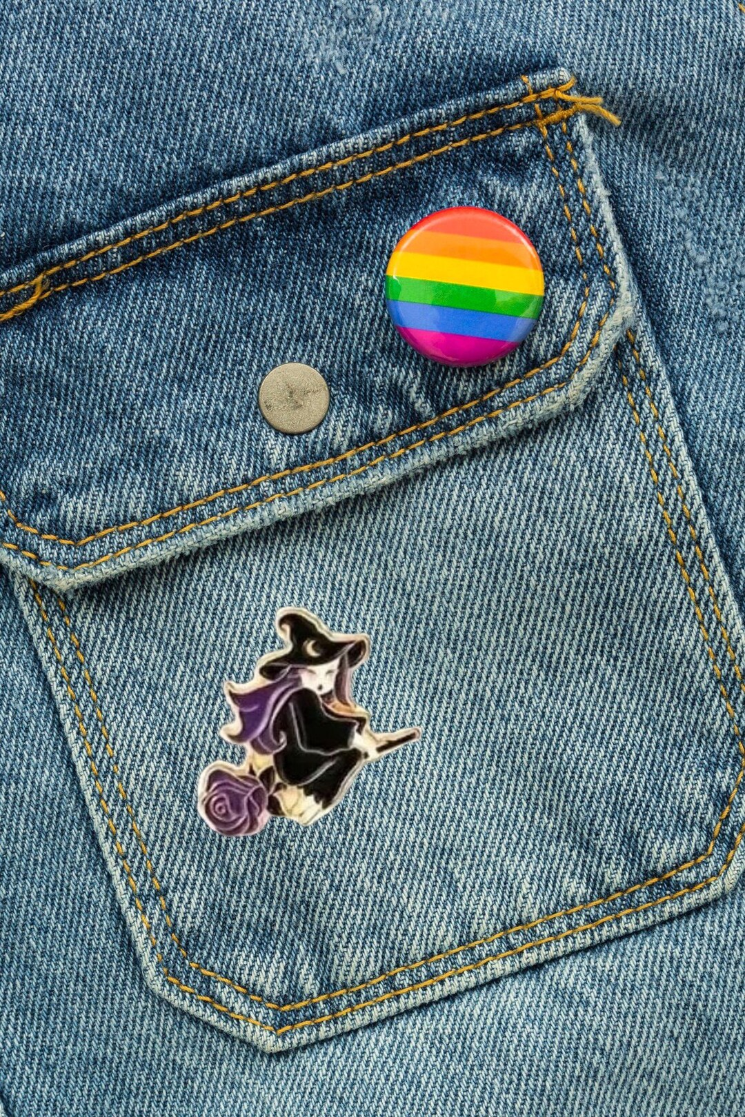 Flying Witch Pin, Witch on Broom Pin, Purple Rose Pin, Witchy Girl Pin ...