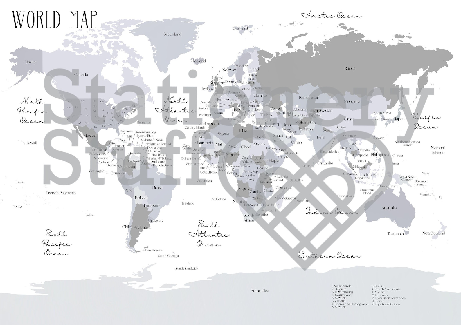 World Map Digital Download PDF PNG A3 Grey Monotone Silver - Etsy