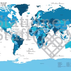 World Map Digital Download PDF PNG A3 Blue - Etsy