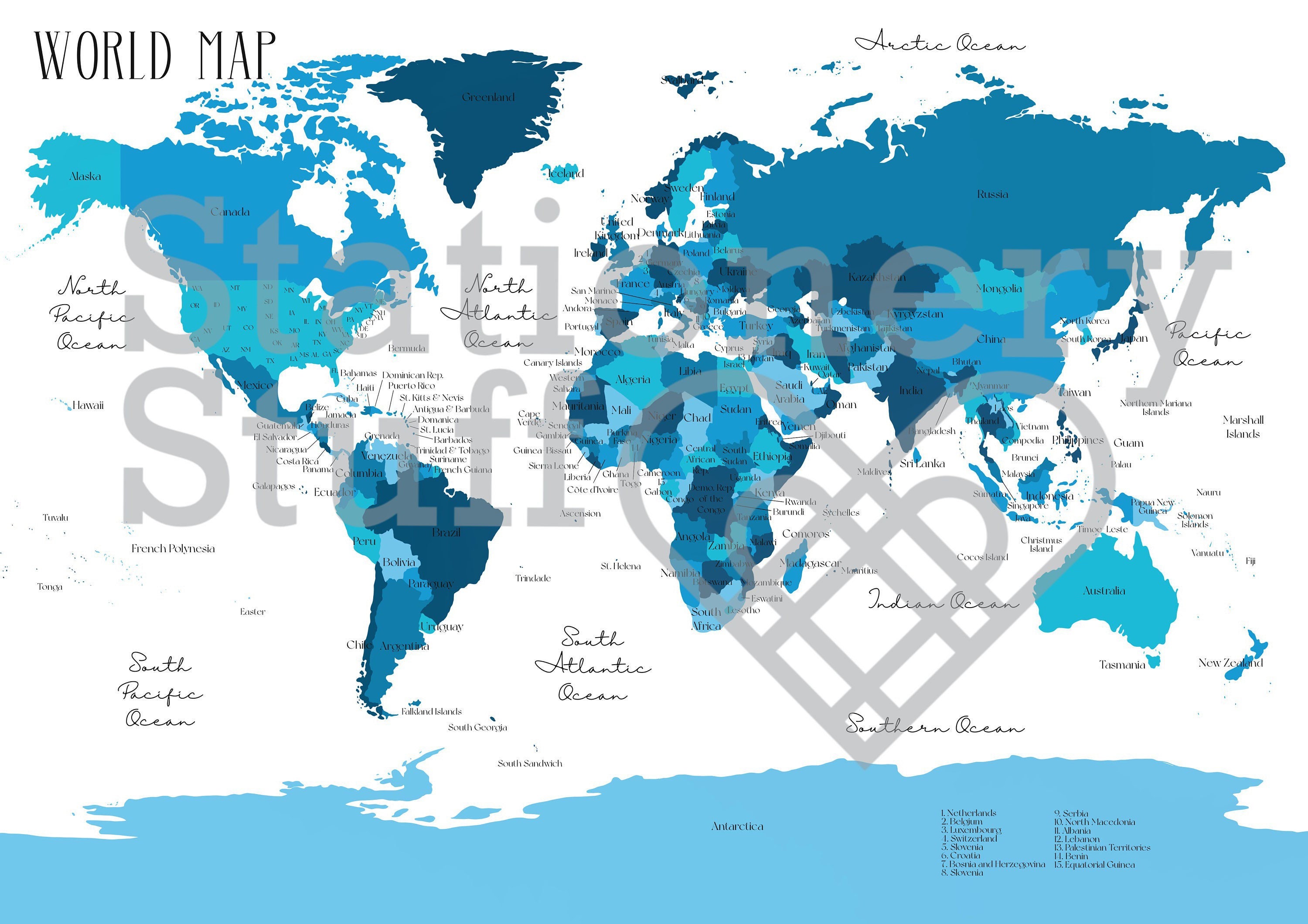 World Map Digital Download PDF PNG A3 Blue - Etsy