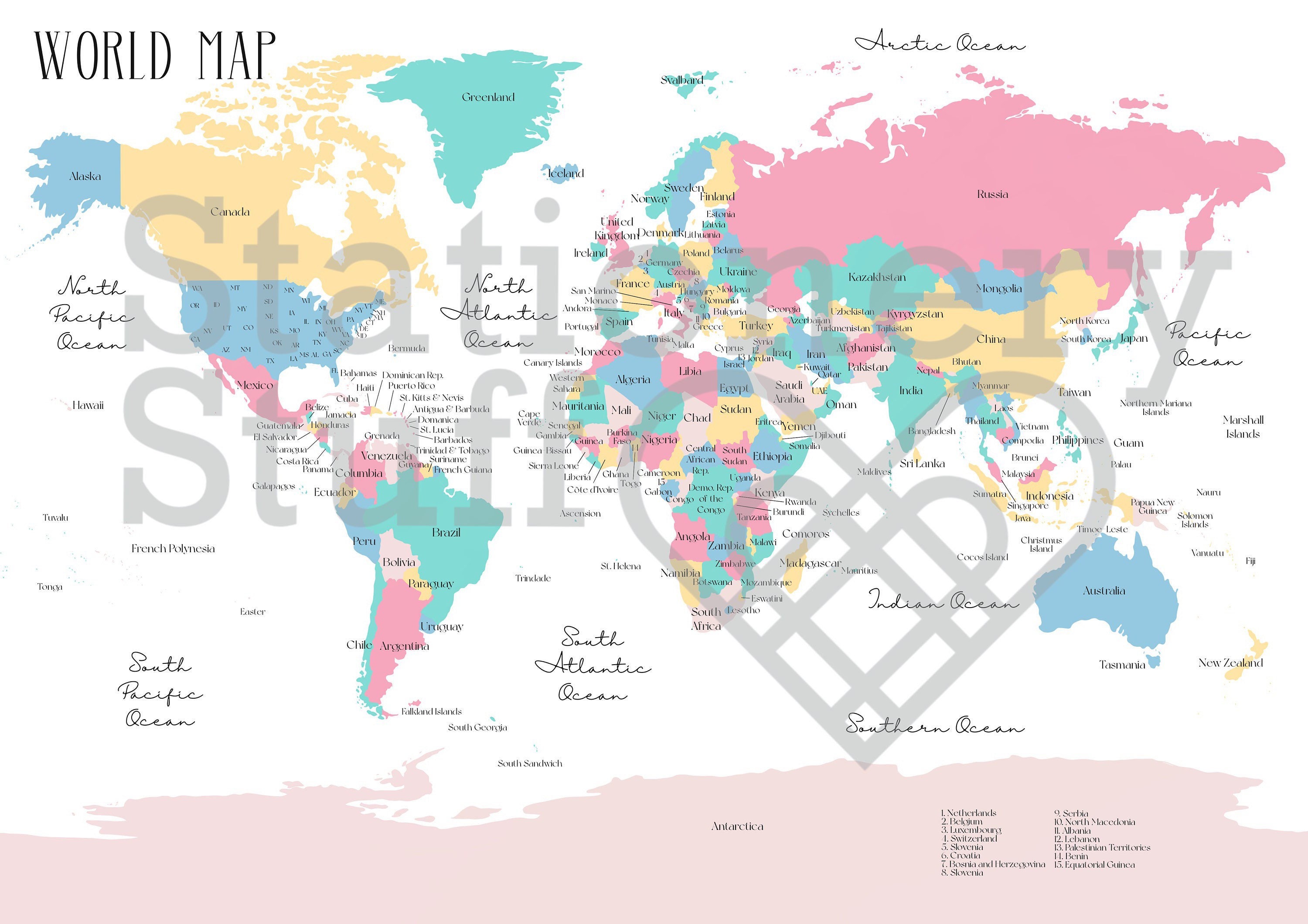 World Map Digital Download PDF PNG A3 Cute Pastels - Etsy