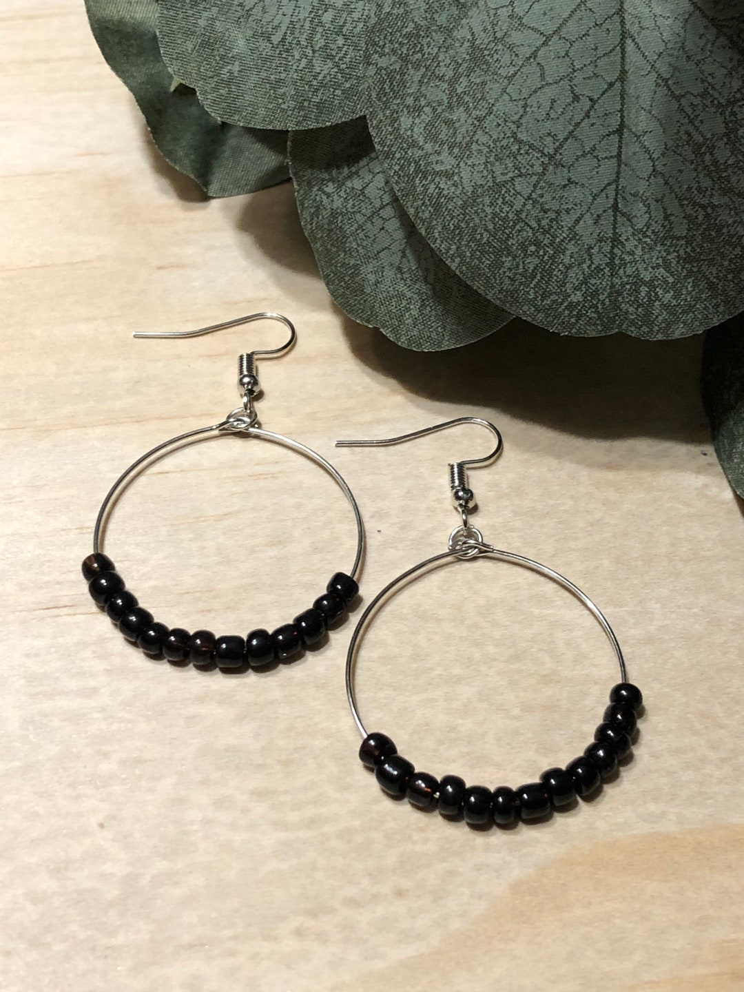 Beaded Hoop Earrings, Black Bead Jewelry - Etsy
