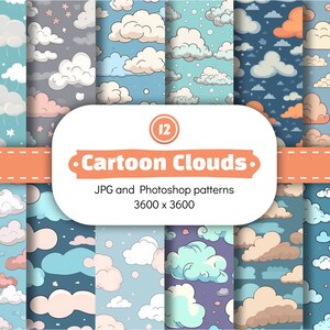 Fluffy Cartoon Clouds - Digital Pattern, Digital Paper, Repeating ...