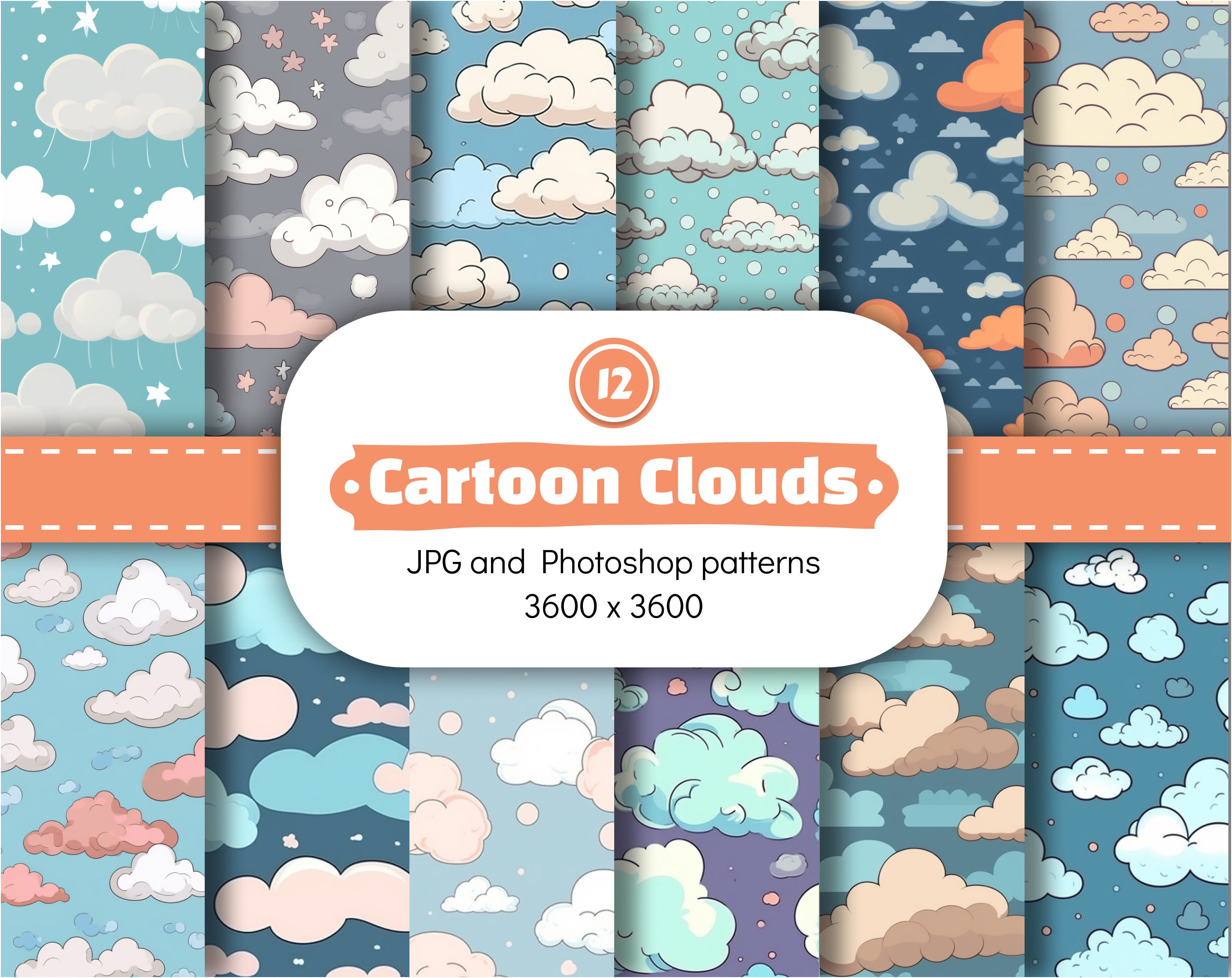 Fluffy Cartoon Clouds - Digital Pattern, Digital Paper, Repeating ...
