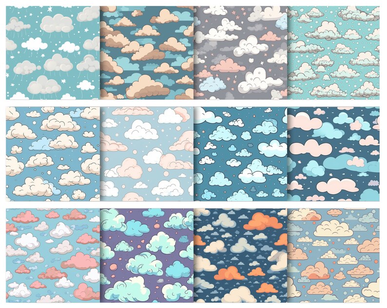 Fluffy Cartoon Clouds - Digital Pattern, Digital Paper, Repeating ...