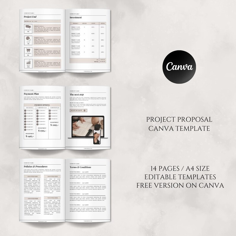 14 Page Project Proposal, Editable Canva Template, Professional Design, Graphic Designer, Small ...