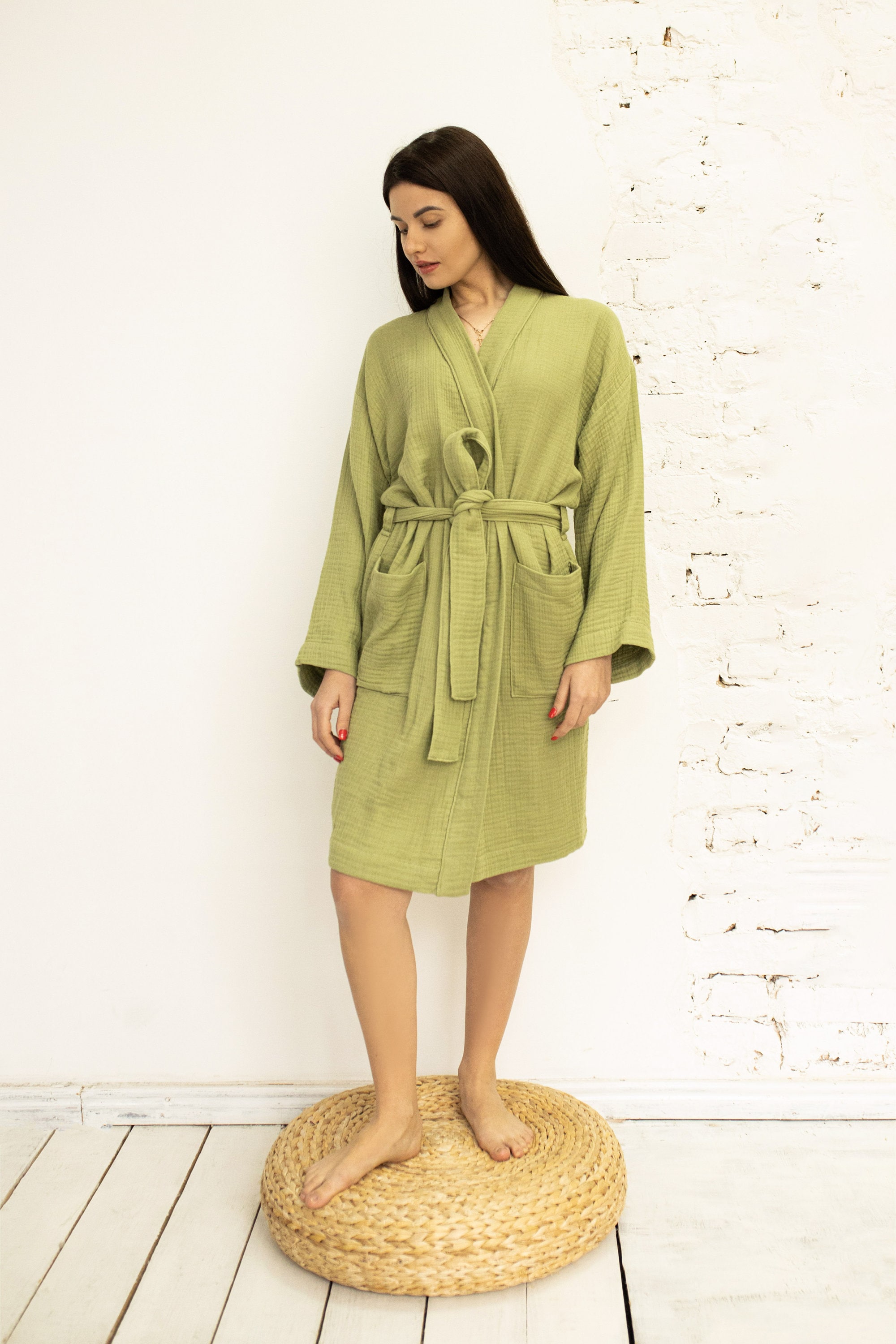 Organic Cotton Gauze Muslin Robe, 4-layer Bathrobe With Pockets Self ...
