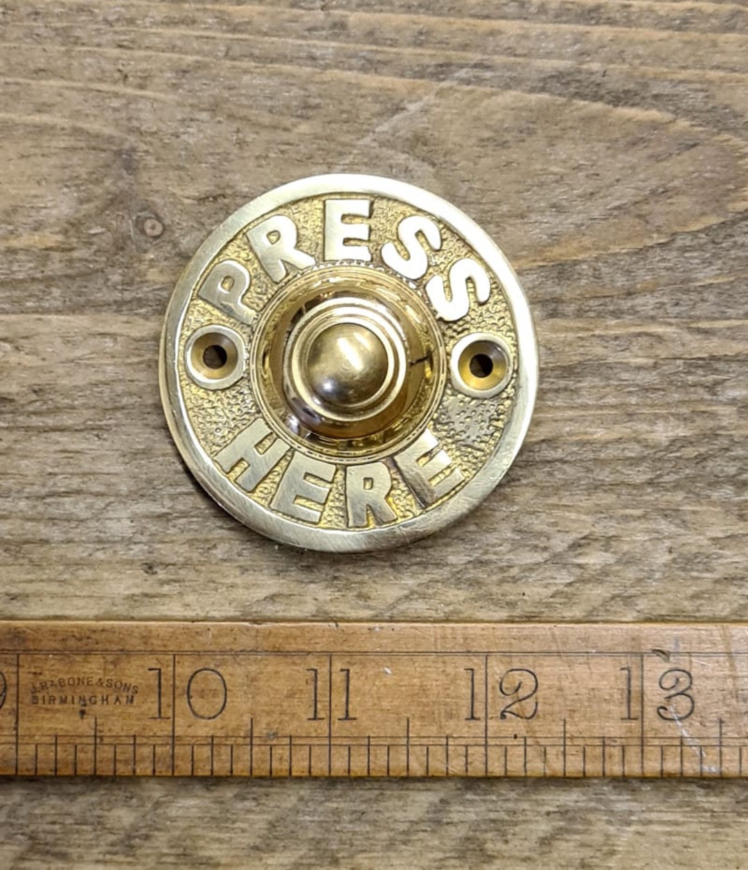 BRASS PRESS HERE \ Solid Brass Door Bell Press \ Rustic Industrial Door ...