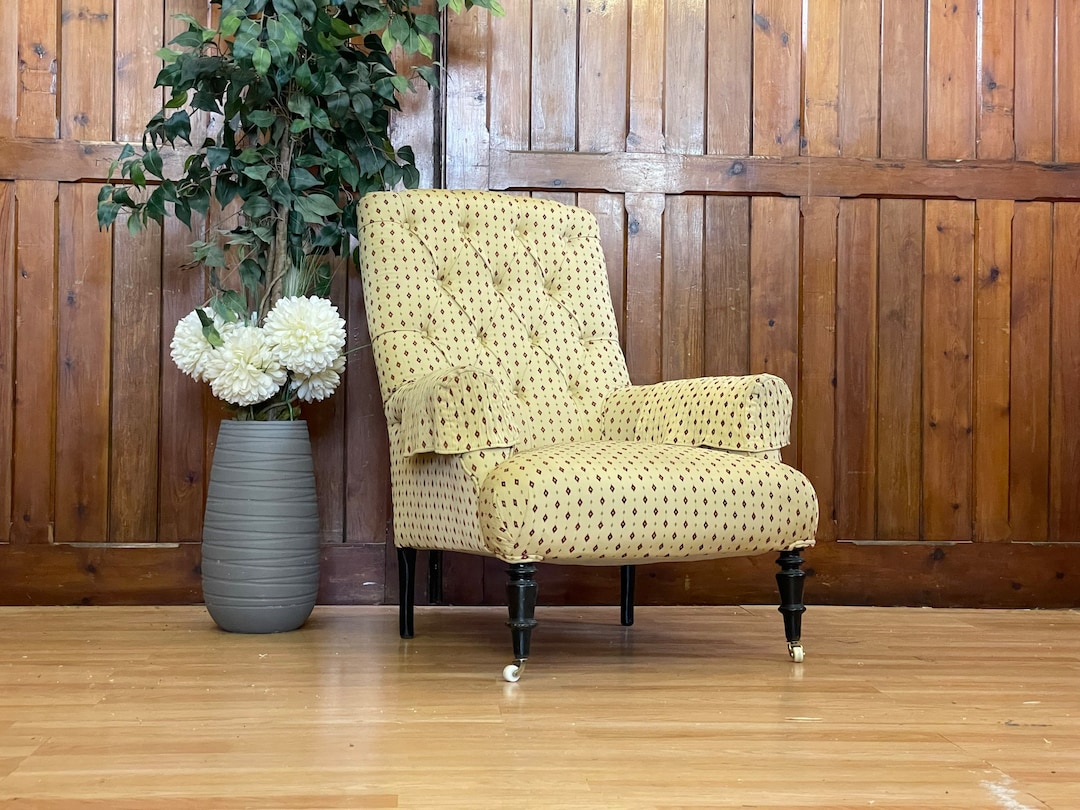 Antique French High Back Armchair \ Deep Button Fireside Chair - Etsy UK