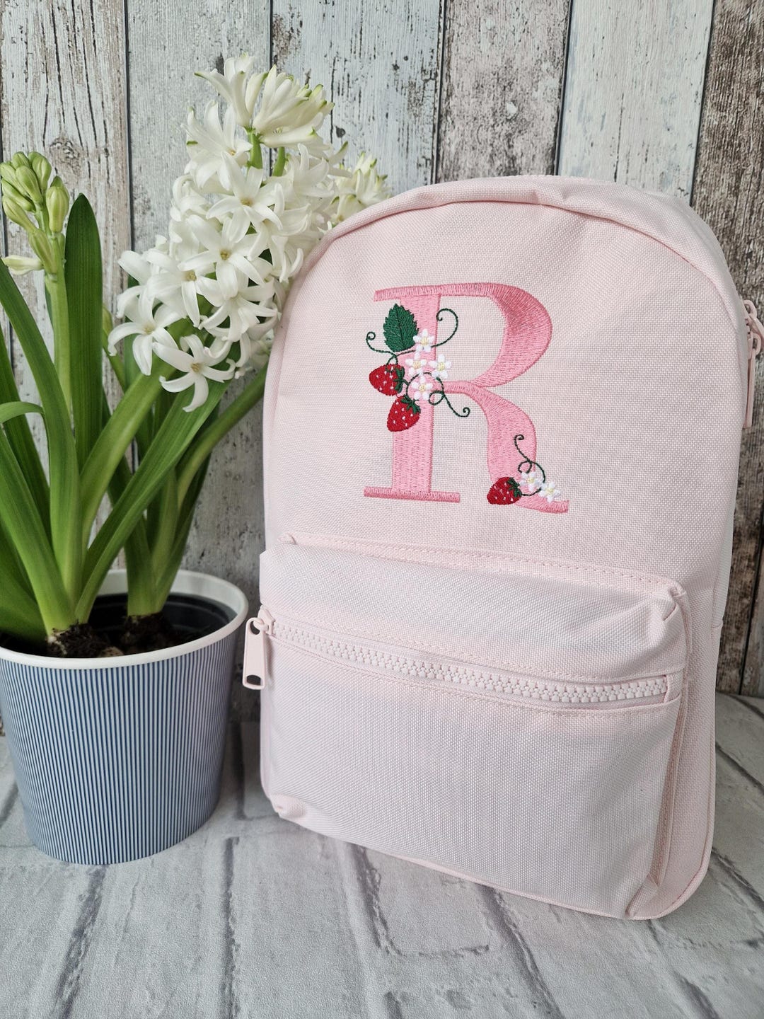 Strawberry Initial Girls Backpack, Personalised Berry Embroidered Kids ...