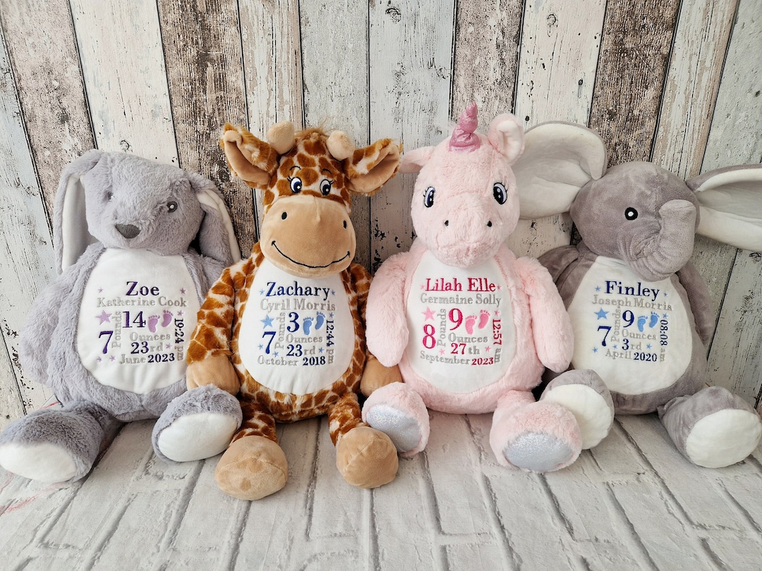Large Personalised Embroidered Soft Toy, Birth Stats, New Baby Gift ...