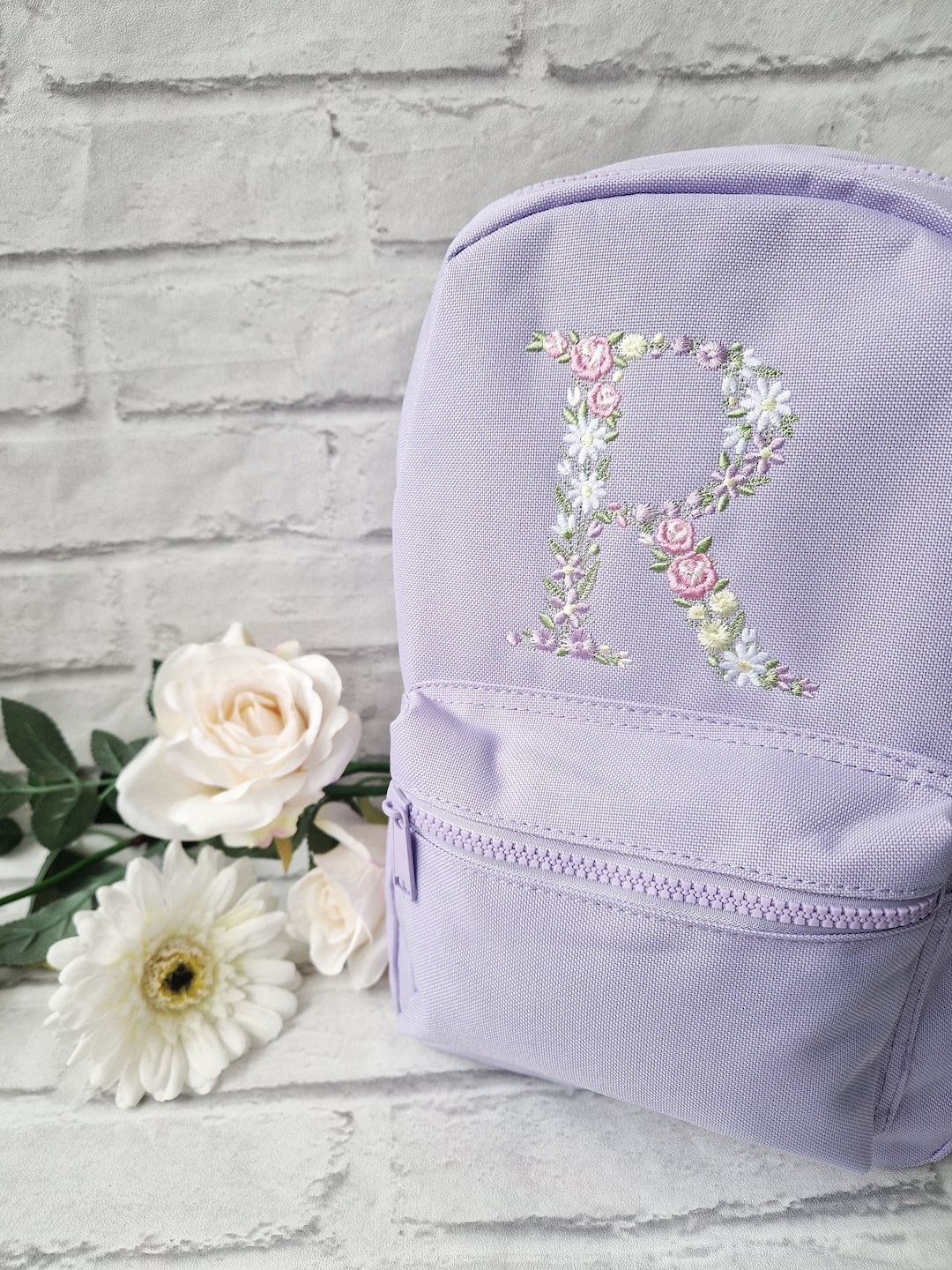 Flower Initial Girls Backpack, Personalised Embroidered Kids Bag, Back ...