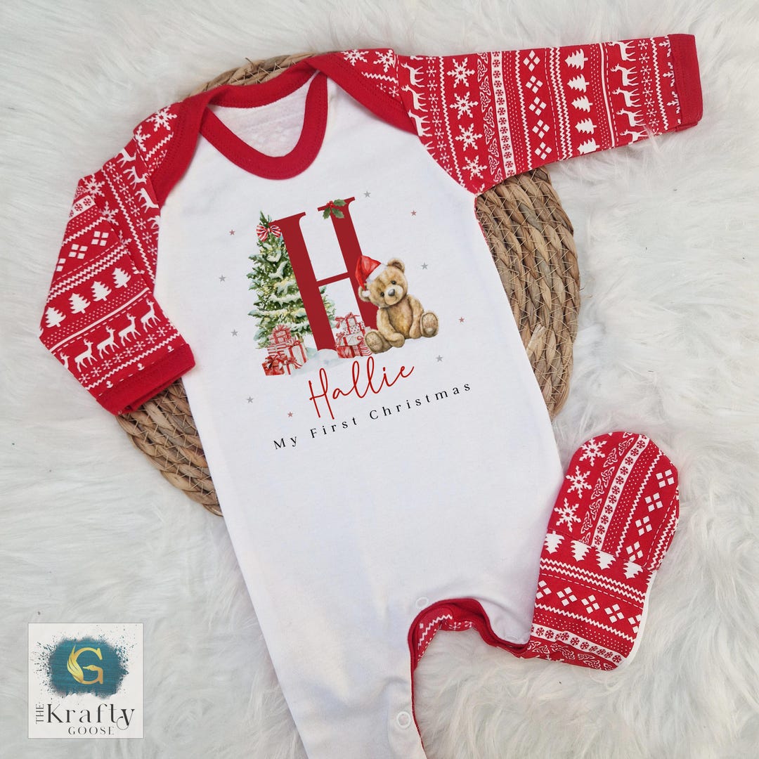 Christmas Babygrow, First 1st Christmas Baby Romper, Cute Bear Alphabet ...