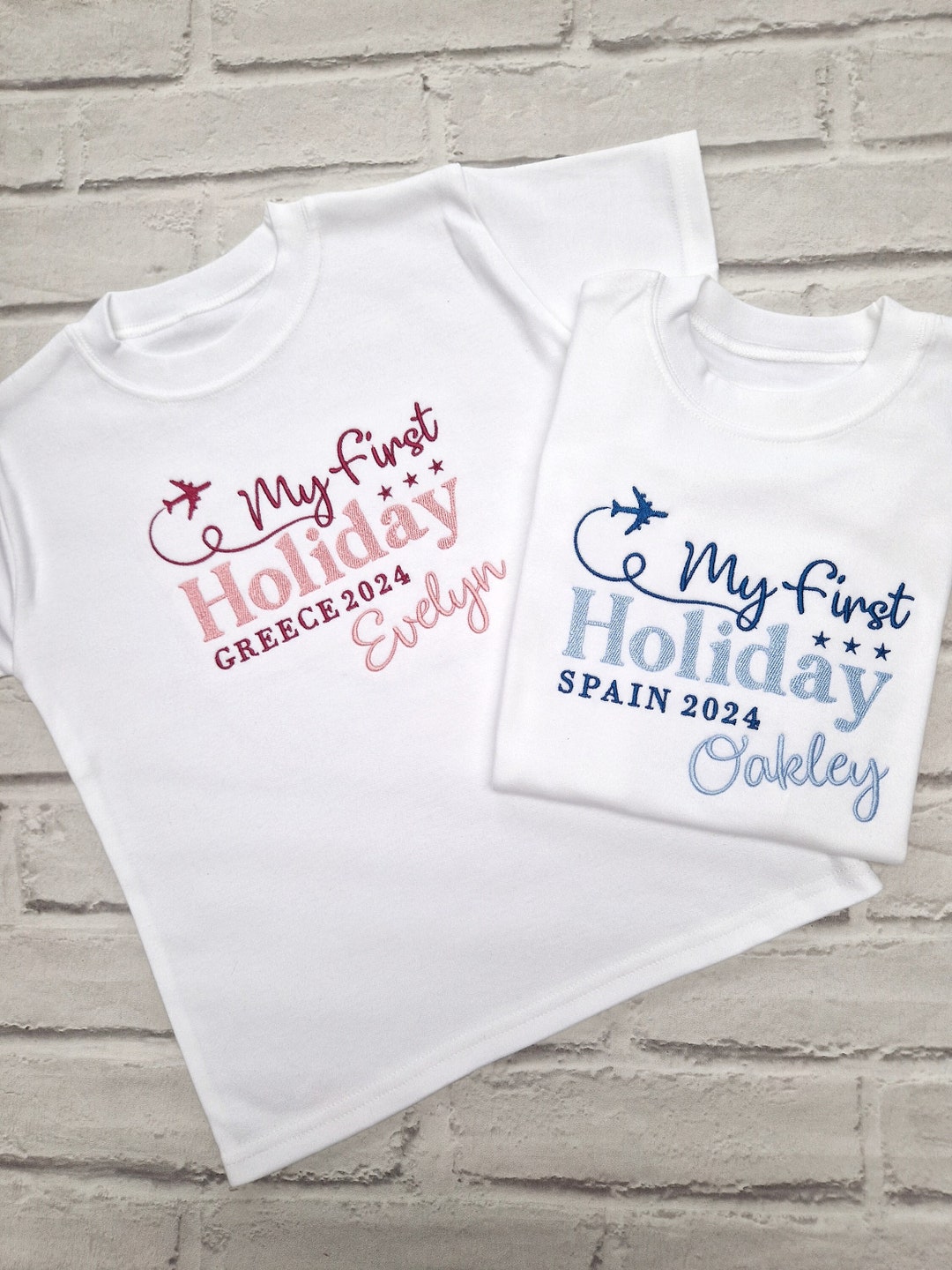 My First Holiday T-shirt, Personalised Tee, Embroidered Plane Top, Pink ...