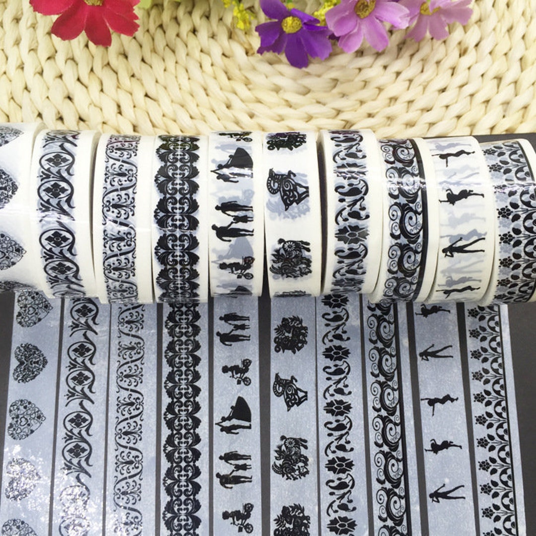 10 Rolls 10M Random Style Black and White Pattern Plastic Tape Multiple ...