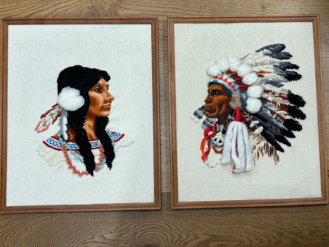 Indigenous Native American Pair Embroidered (primarily a Satin Stitch ...