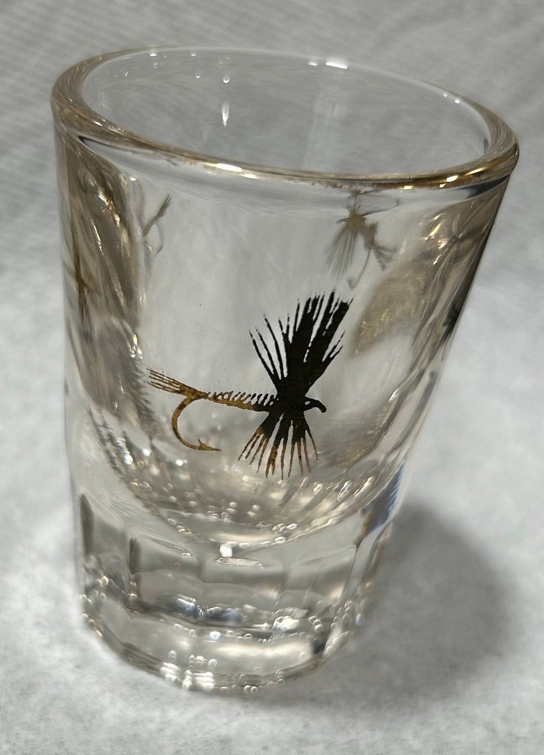Libbey Shot Glass With Three Fishing Flies of Gold Color on It.bottom ...