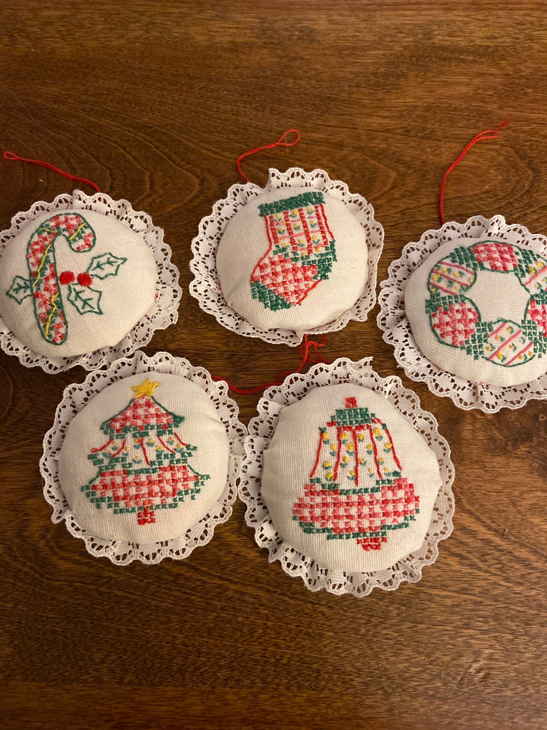 Cross Stitched Tree Ornaments.five Fabric(muslin) Hand Made Cross ...