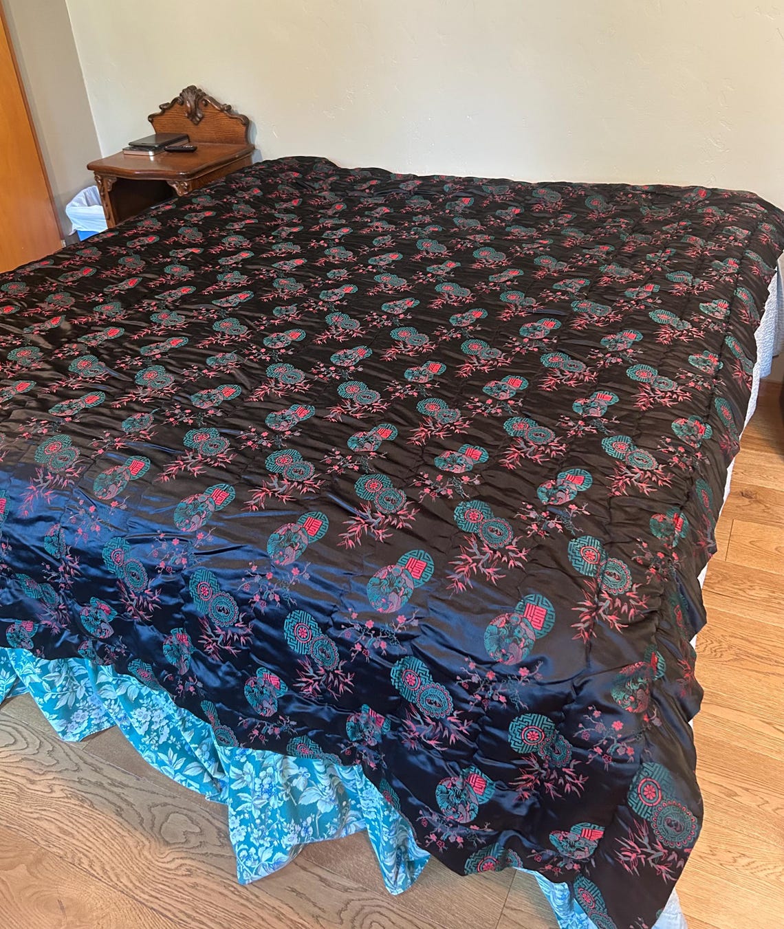 Asian Embroidered Bamboo of Red/green on Black Silky Type Material ...