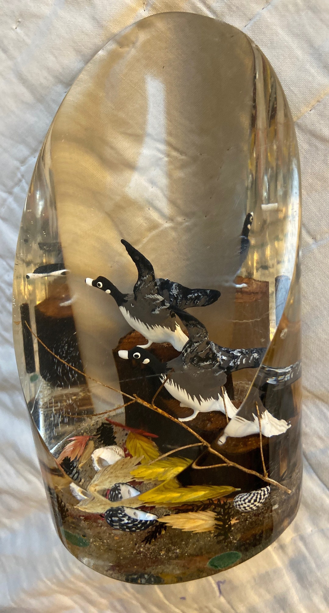 Geese in Lucite/ Acrylic Vintage Paperweight With Tiny Seashells and a ...