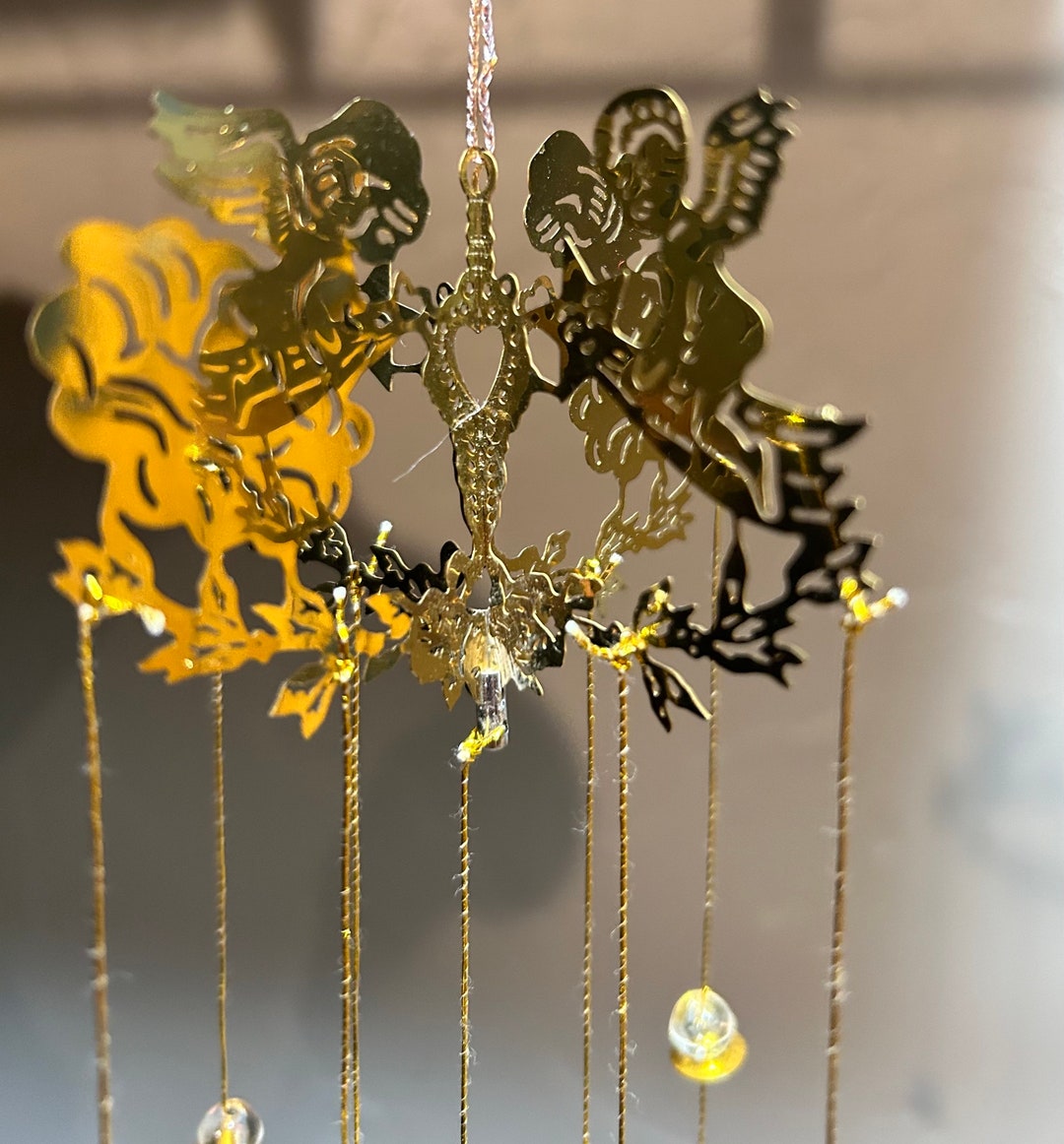 Vintage Brass Angels and Iridescent Glass Bells Wind Chime. Really Nice ...