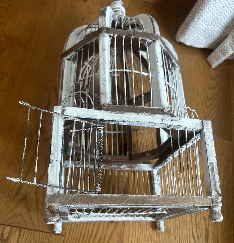 Vintage Metal and Wood Rustic Old White Bird Cage With Access Door ...