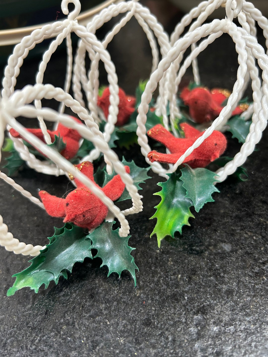 Flocked Birds in Birdcage Christmas Tree Plastic Ornaments Circa 1950s ...