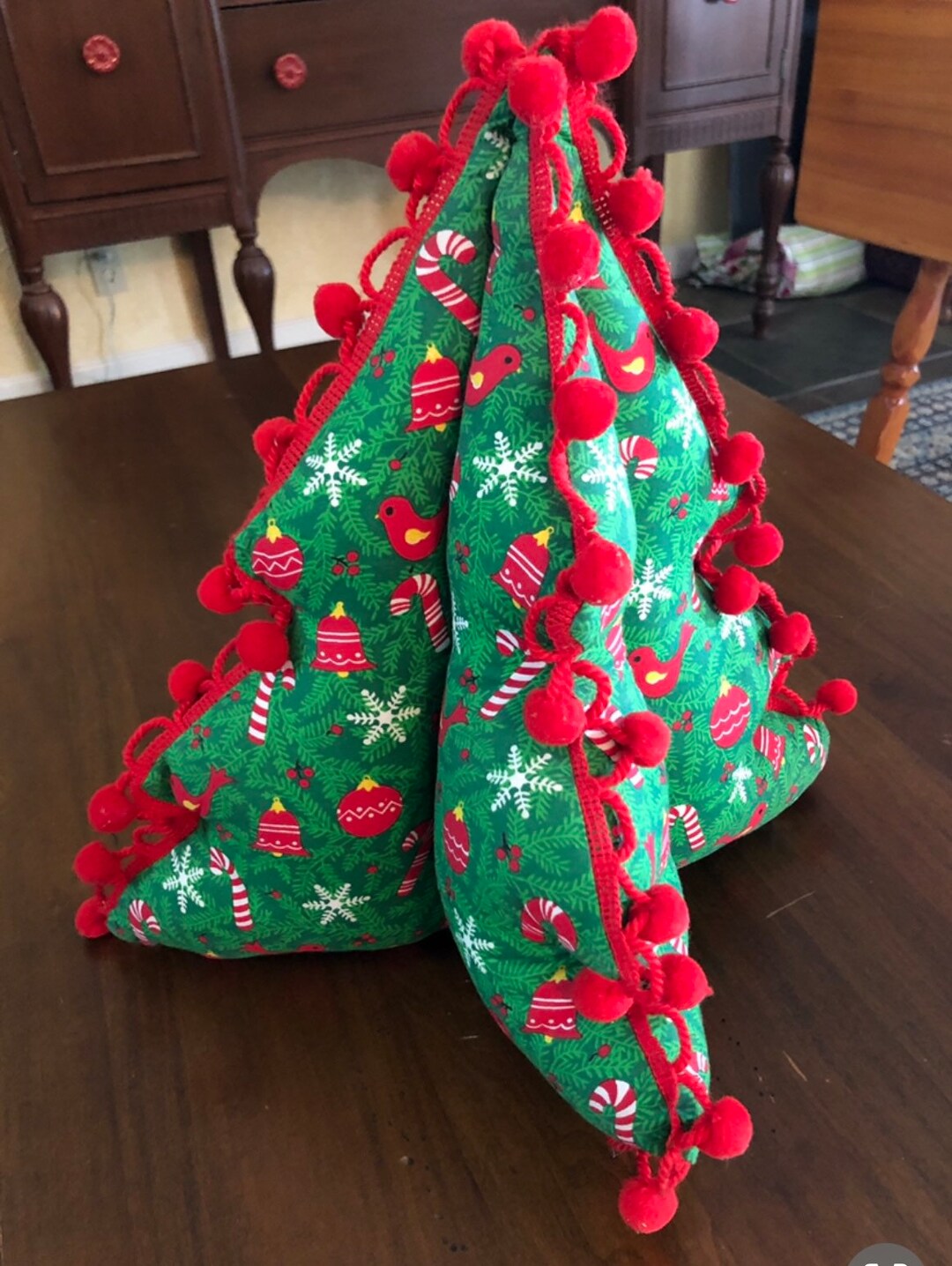 Handmade 1970s Stuffed Fabric Christmas Tree With Red Pompoms. Nice ...