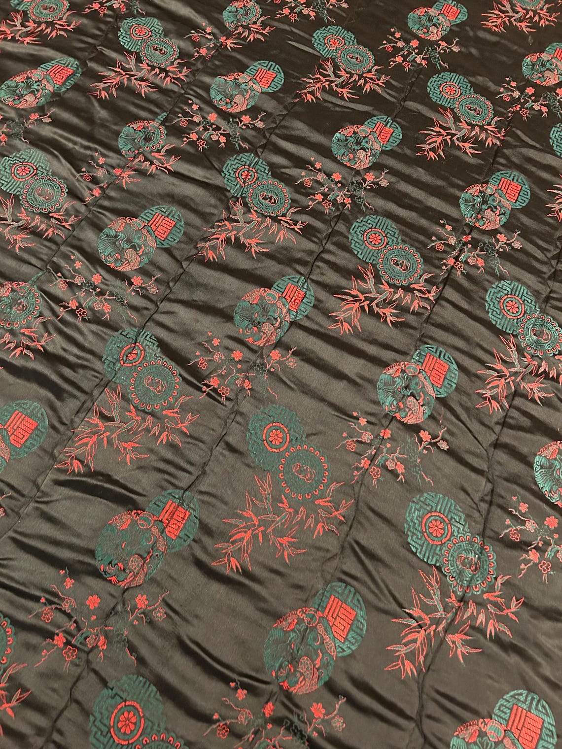 Asian Embroidered Bamboo of Red/green on Black Silky Type Material ...