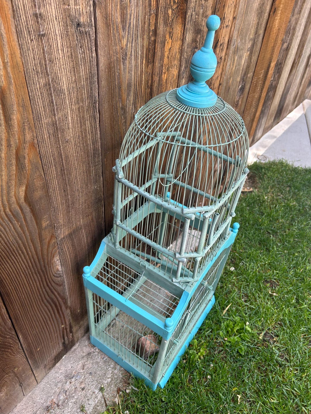 Vintage Lg. Domed Blue Metal and Wood Rustic Old Bird Cage With Access ...