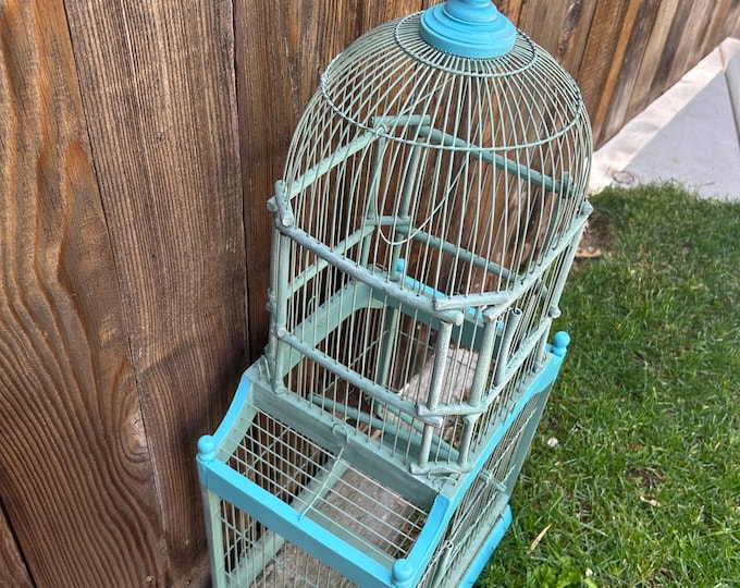 Vintage Lg. Domed Blue Metal and Wood Rustic Old Bird Cage With Access ...
