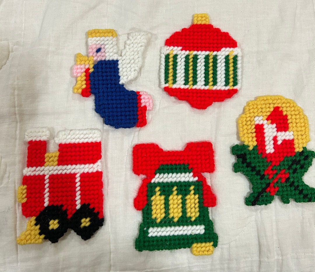 Handmade 1980s Plastic Canvas Christmas Tree Ornaments Five Total for ...