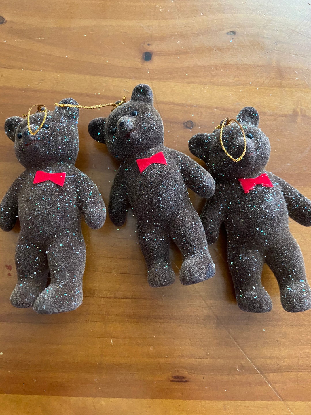Flocked Teddy Bears Vintage Ornaments. Set of Three Little Vintage ...